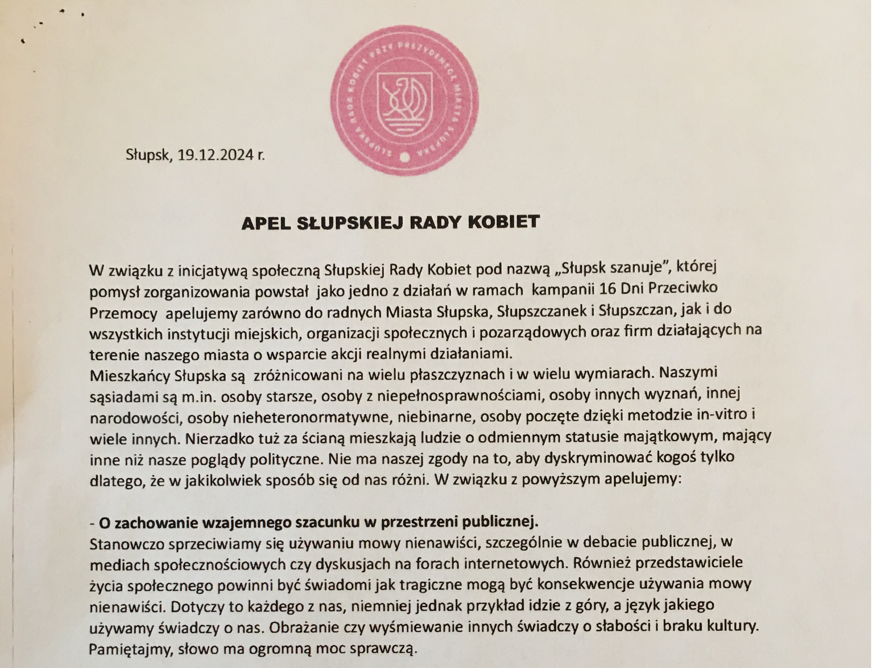 Apel Słupskiej Rady Kobiet